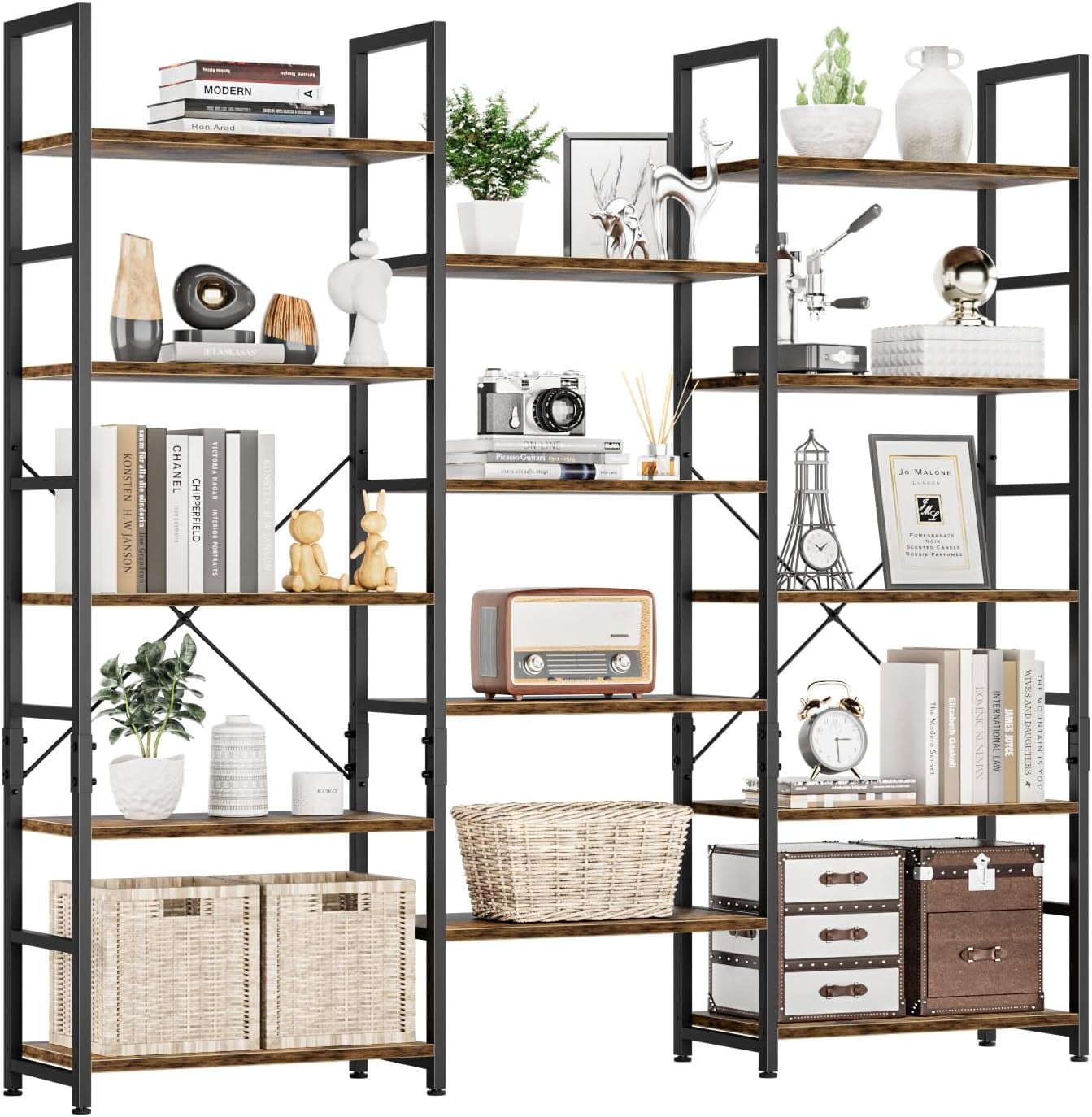 Triple Wide 5 Tier Bookshelf, Rustic Industrial Style Bookcases with 14 ...