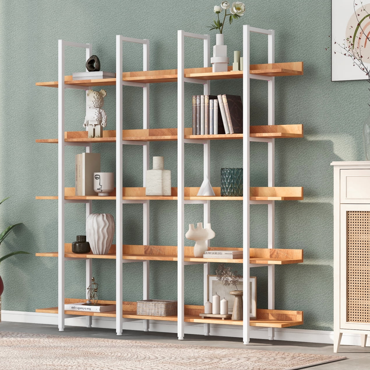 Triple Wide 5-Tier Bookshelf, Vintage Industrial Style Bookcase with ...