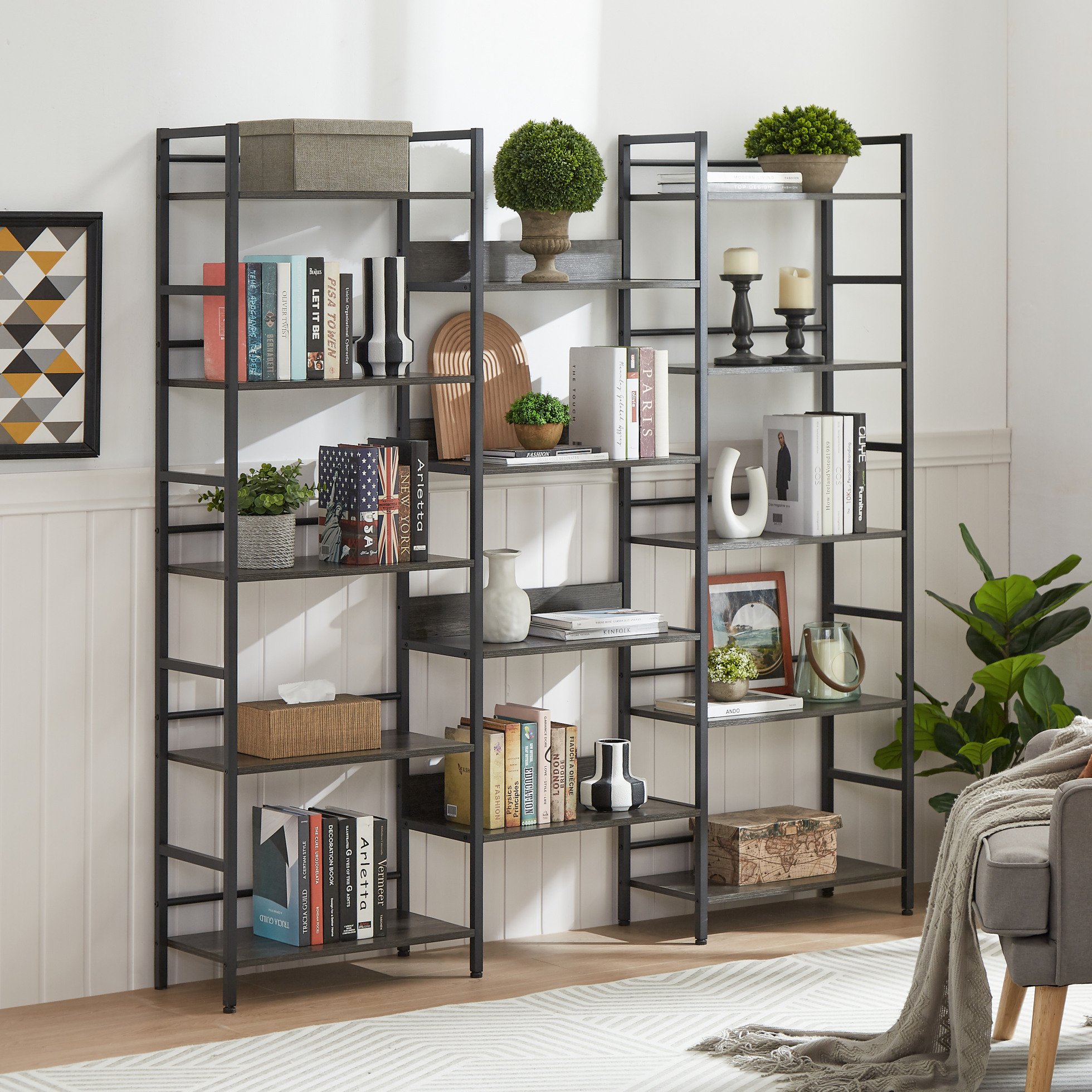 Triple Wide 5 Tiers Book Shelf with Baffles, Industrial Bookcase with ...