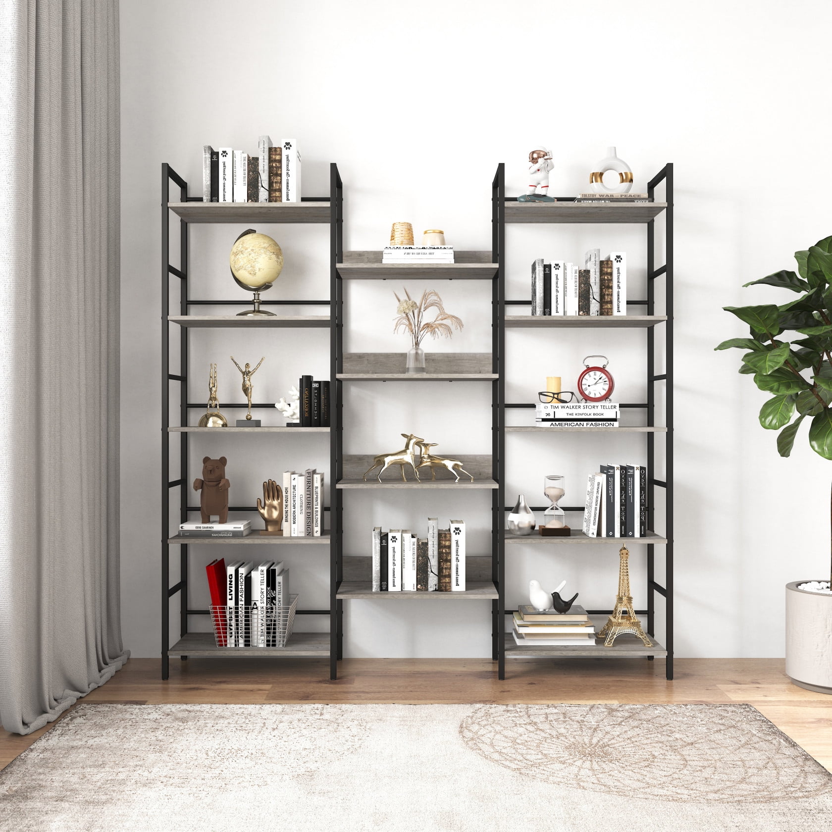 Triple Wide 5 Tiers Book Shelf with Baffles, Industrial Bookcase with ...
