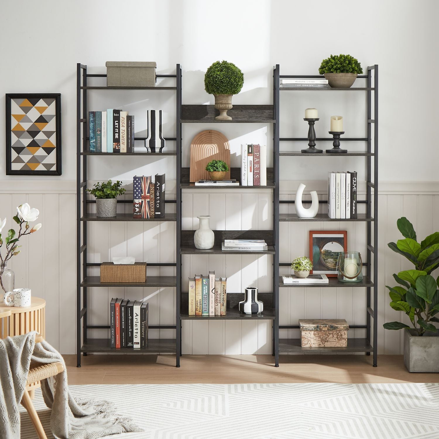 Triple Wide 5-shelf Bookshelves Industrial Retro Wooden Style Home and ...