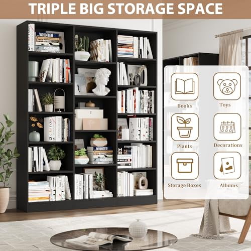 Triple Wide Bookshelf, 6 Tier Large Bookshelf, Bookcase with 17 Open ...