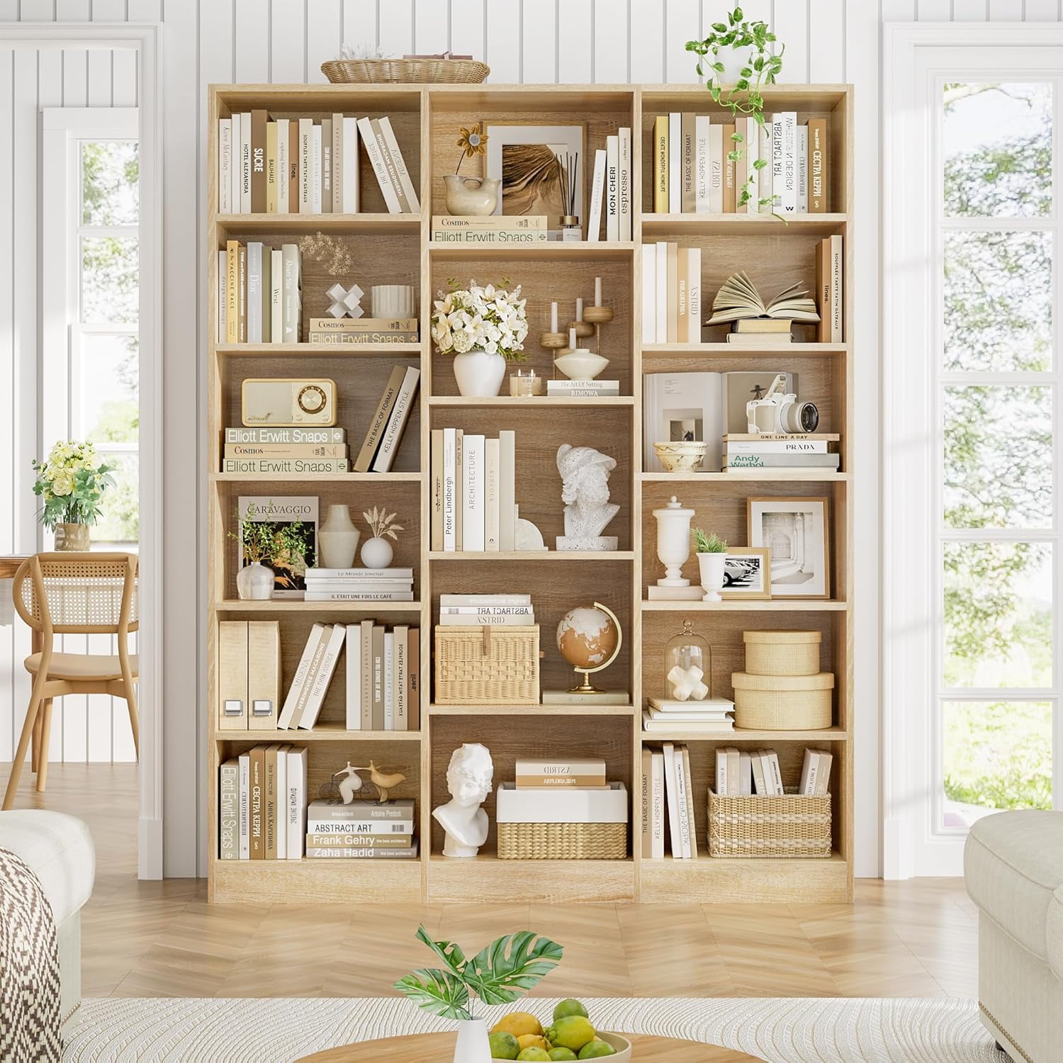Triple Wide Bookshelf, 6 Tier Large Bookshelf, Bookcase with 17 Open ...