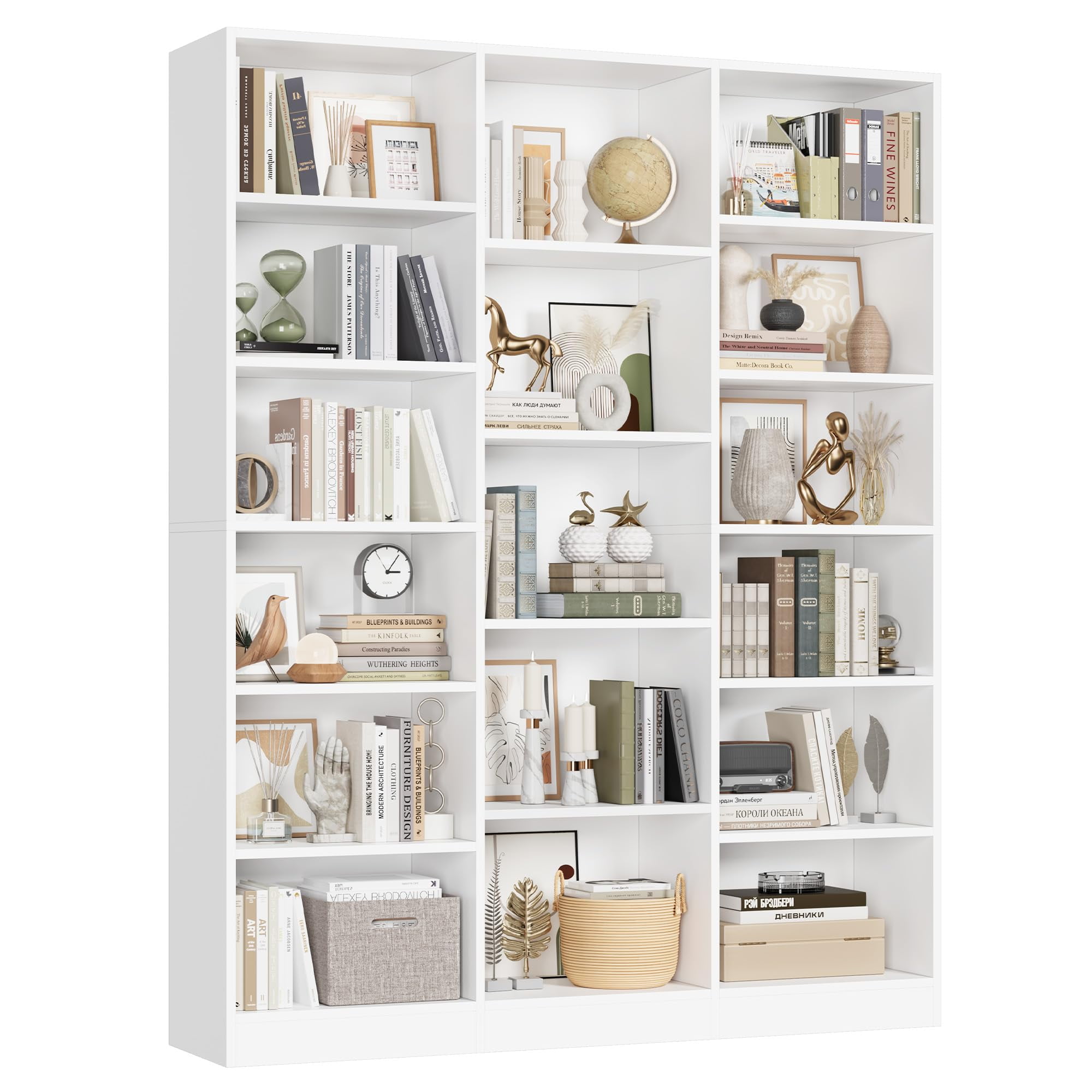 Triple Wide Bookshelf, 6 Tier Large Bookshelf, Bookcase with 17 Open ...