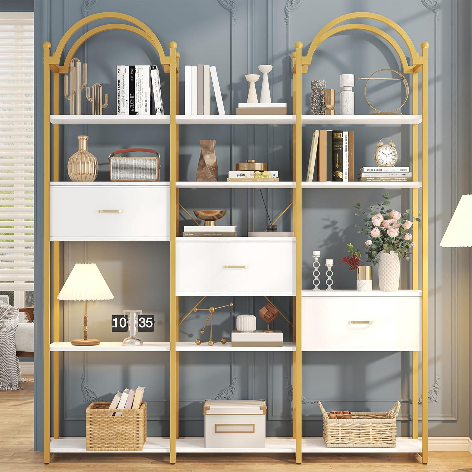 Triple Wide Industrial Book shelf with Drawers and Storage Shelves ...