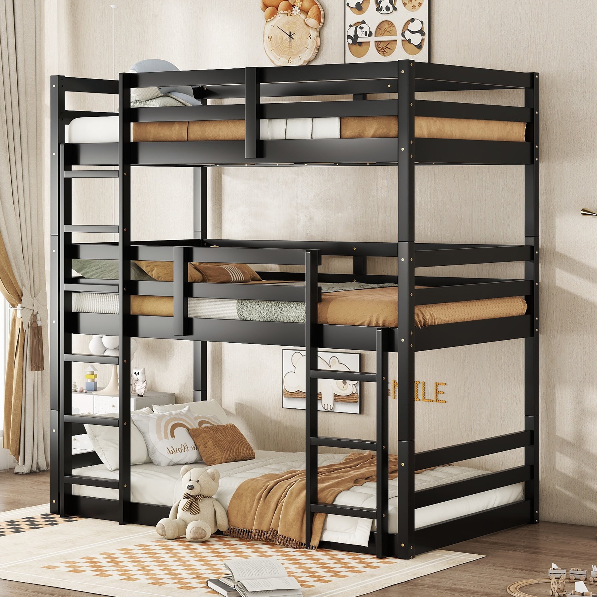 Triple Wood Bunk Bed for Kids with 2 Built-in Ladders and Guardrails ...