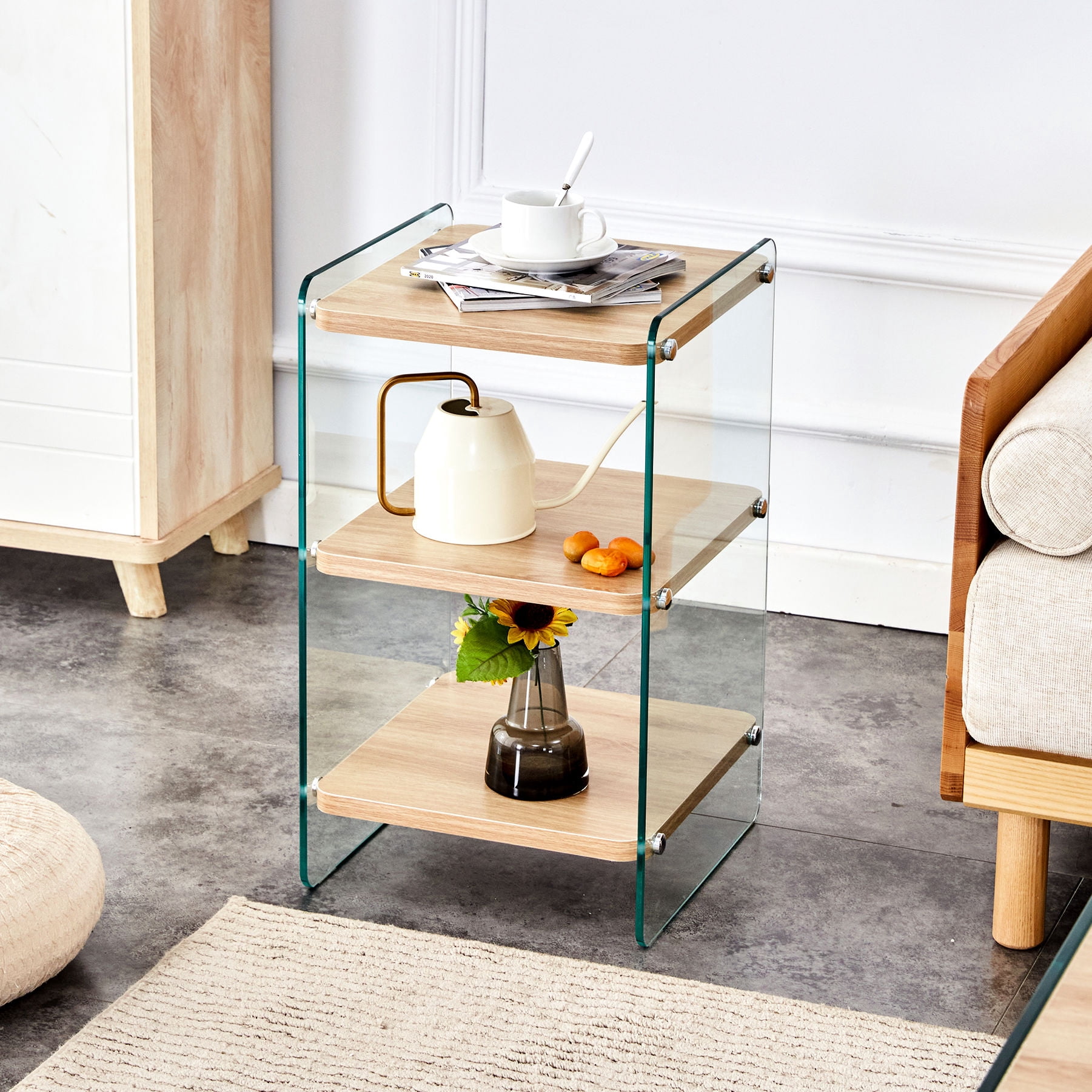 Triple layer bedside table with MDF tabletop and tempered glass legs ...