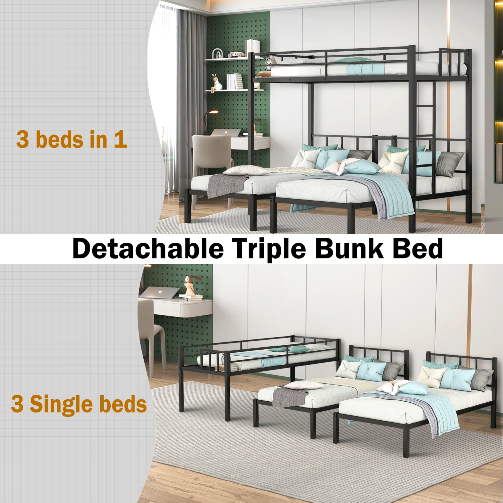 Triple twin bunk bed, can be separated into 3 twin beds - Walmart.com