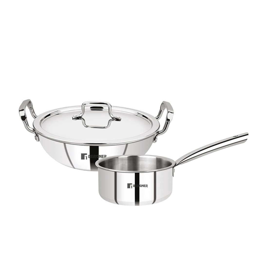Triply Stainless Steel 3 Pcs Cookware Set - 24cm 3.1 Liters Indian Wok ...