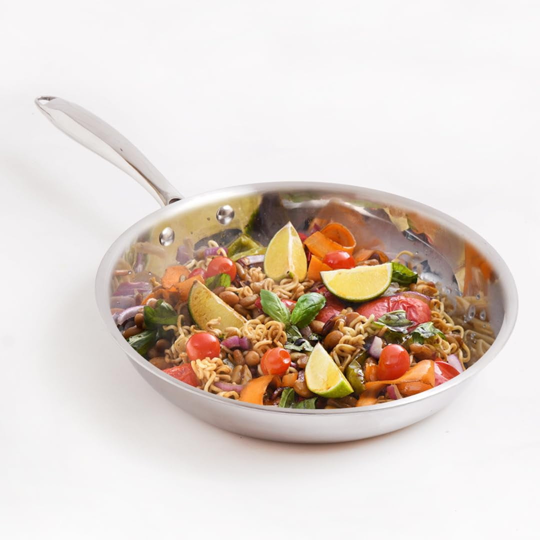 Triply Stainless Steel Fry Pan With Handle For 3-4 People | Large 26cm, 10.2 Inch, 1.9 Liters, 1 ...