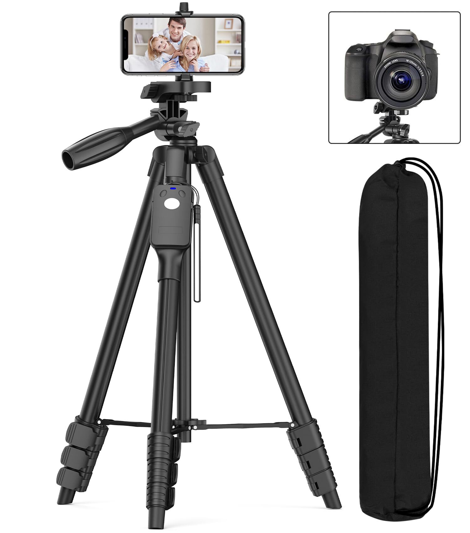 Tripod,60" Camera Tripod Stand with Travel Bag, Phone Mount with Remote ...