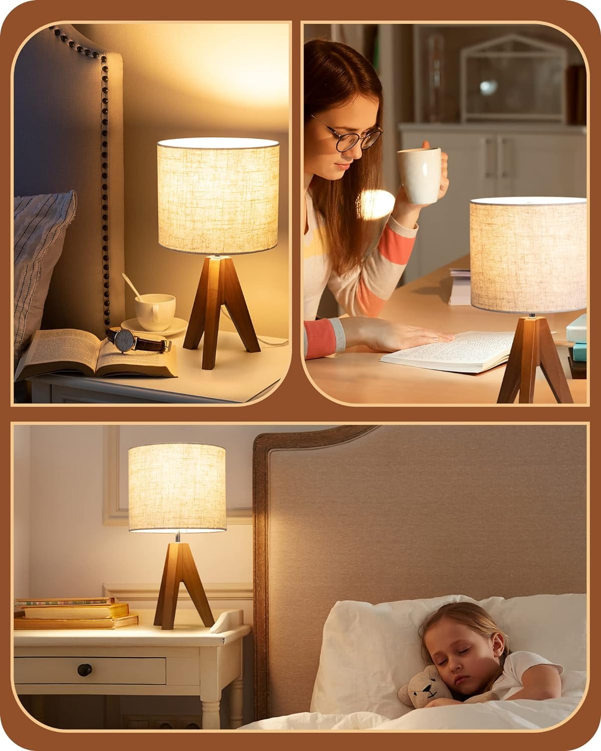 Tripod Table Lamp - Small Cute Bedside Lamp with Linen Beige Lampshade ...