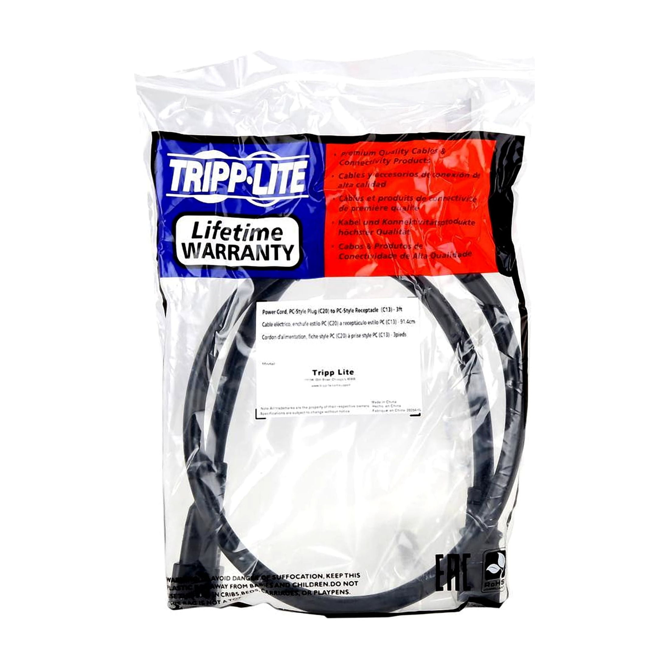 Tripp Lite 3ft PDU Power Cord Cable C13 to C20 Heavy Duty 15A 14AWG 3 ...