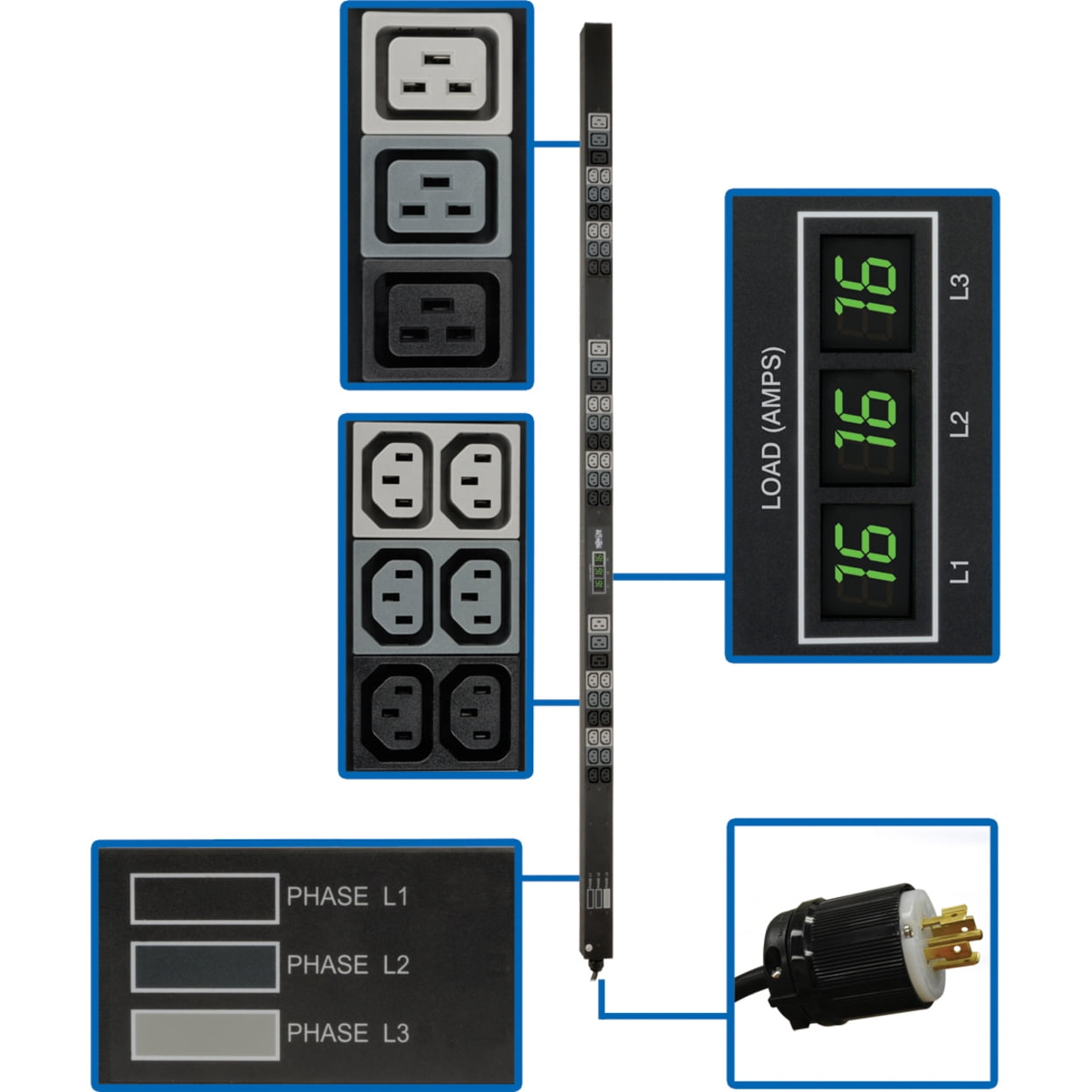Tripp Lite PDU 3-Phase Metered 240V/230V/220V 11.5kW C13 C19 Vertical ...