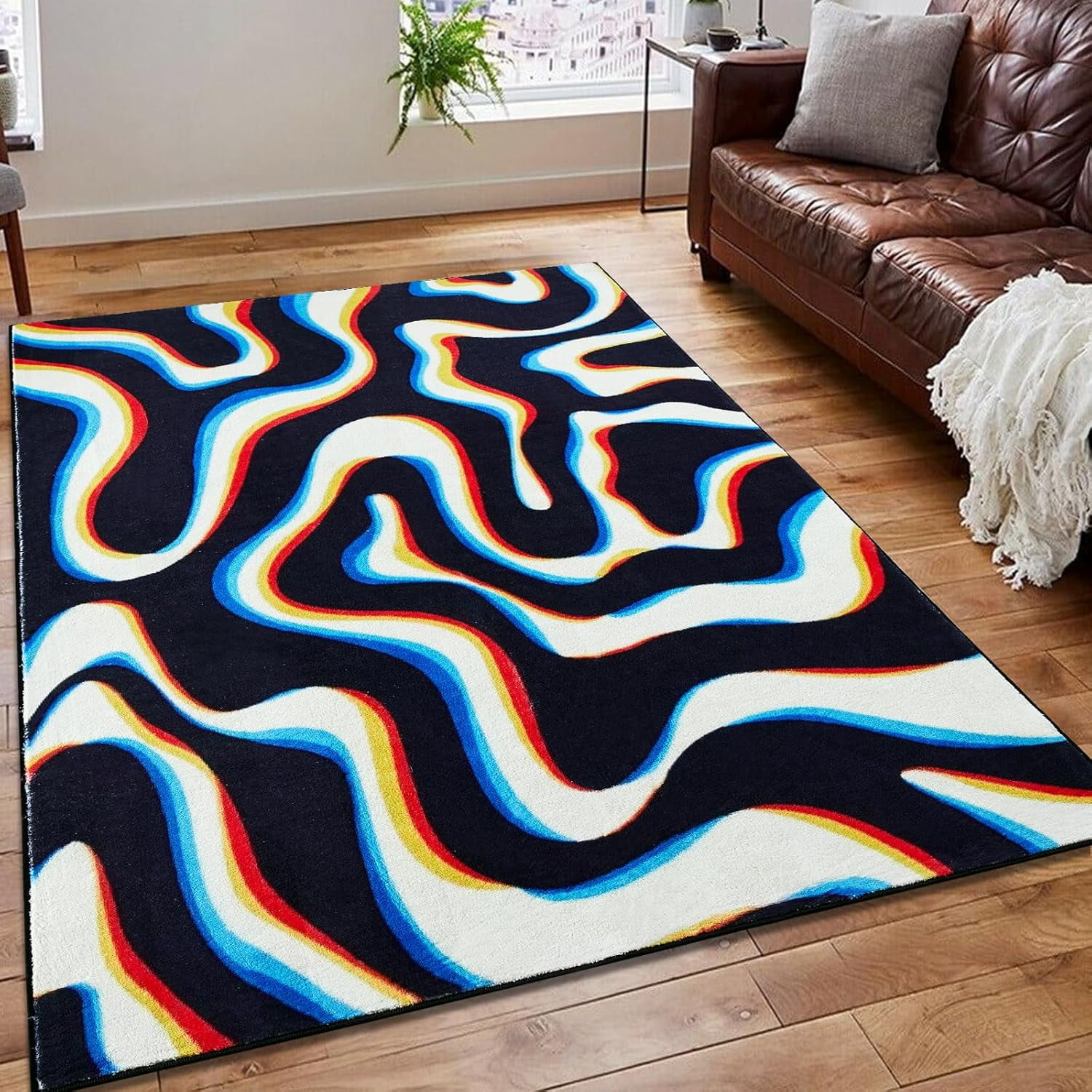 Trippy Abstract Area Rug Funky Aesthetic Glitch Psychedelic Wavy Swirl Living Room Rug Colorful ...