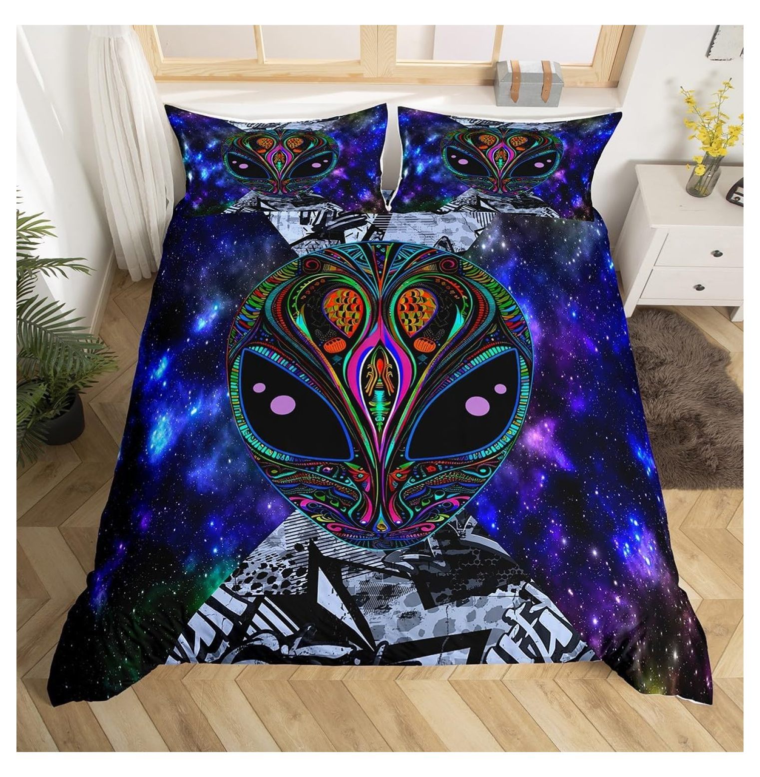 Trippy Alien Comforter Cover Set King Size Kids Boys Galaxy Hippie ...