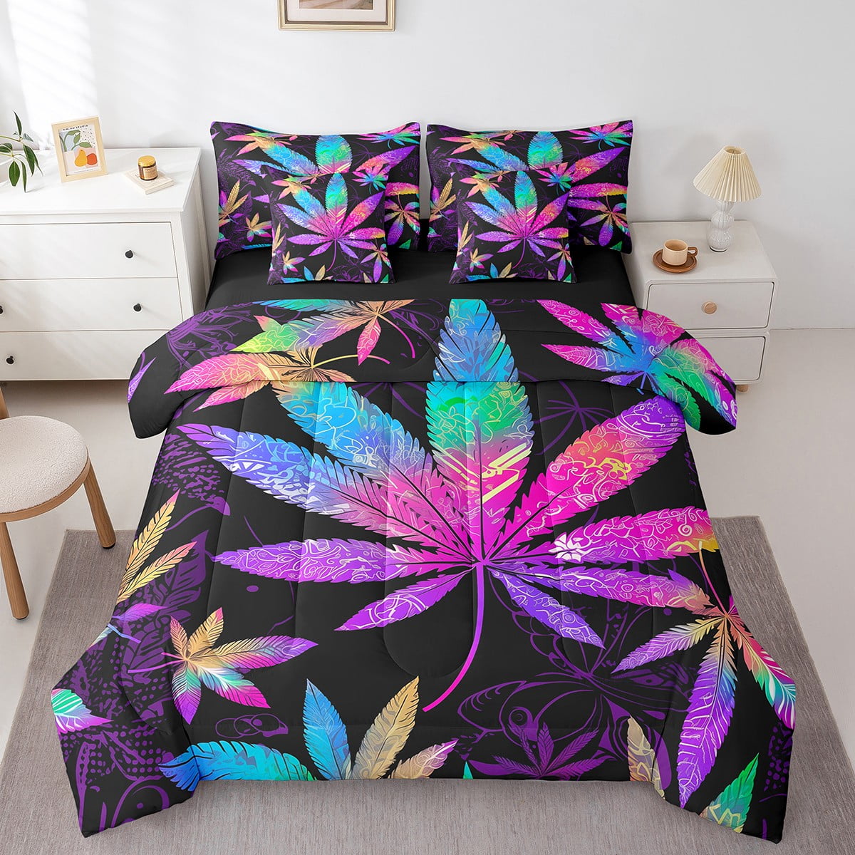 Trippy Cannabis Leaves Comforter Set 7 Piece Bed in a Bag Twin ...