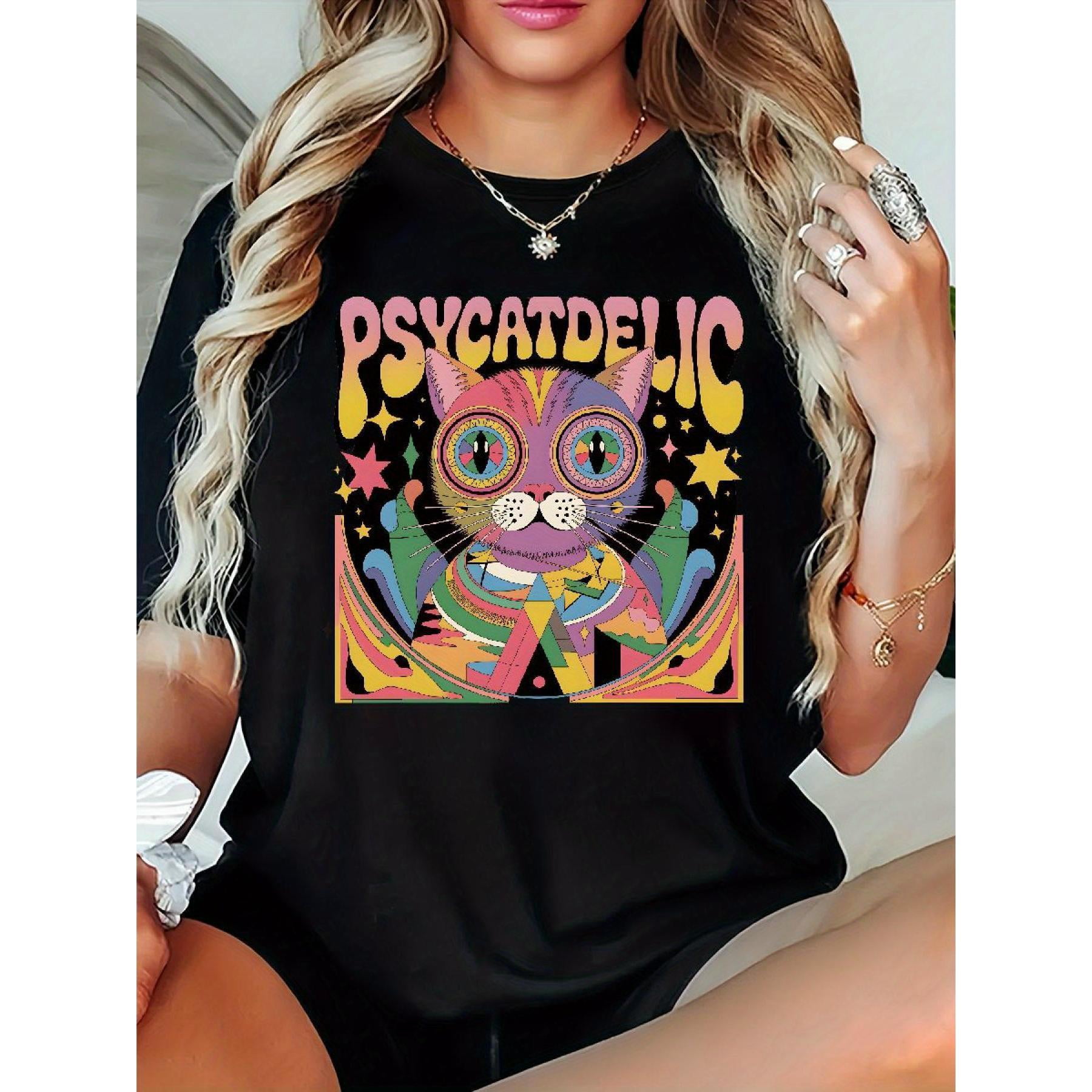 Trippy Cat Psychedelic Graphic“PSYCATEDELIC” with Colorful, Retro ...