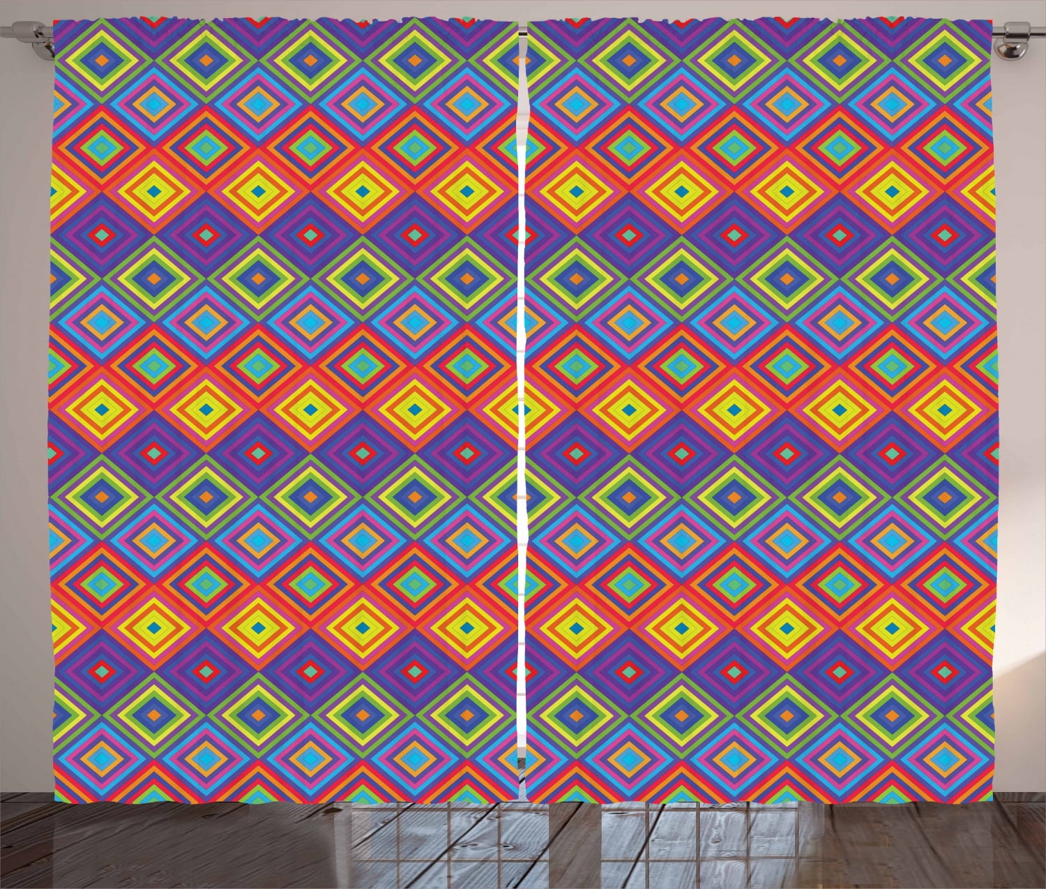 Trippy Curtains 2 Panels Set, Hippie Style Square Shapes in Vibrant ...