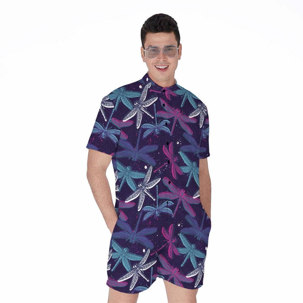 Trippy Dragonfly Pattern Short Sleeve Men'S Rompers, Dragonflies Casual ...