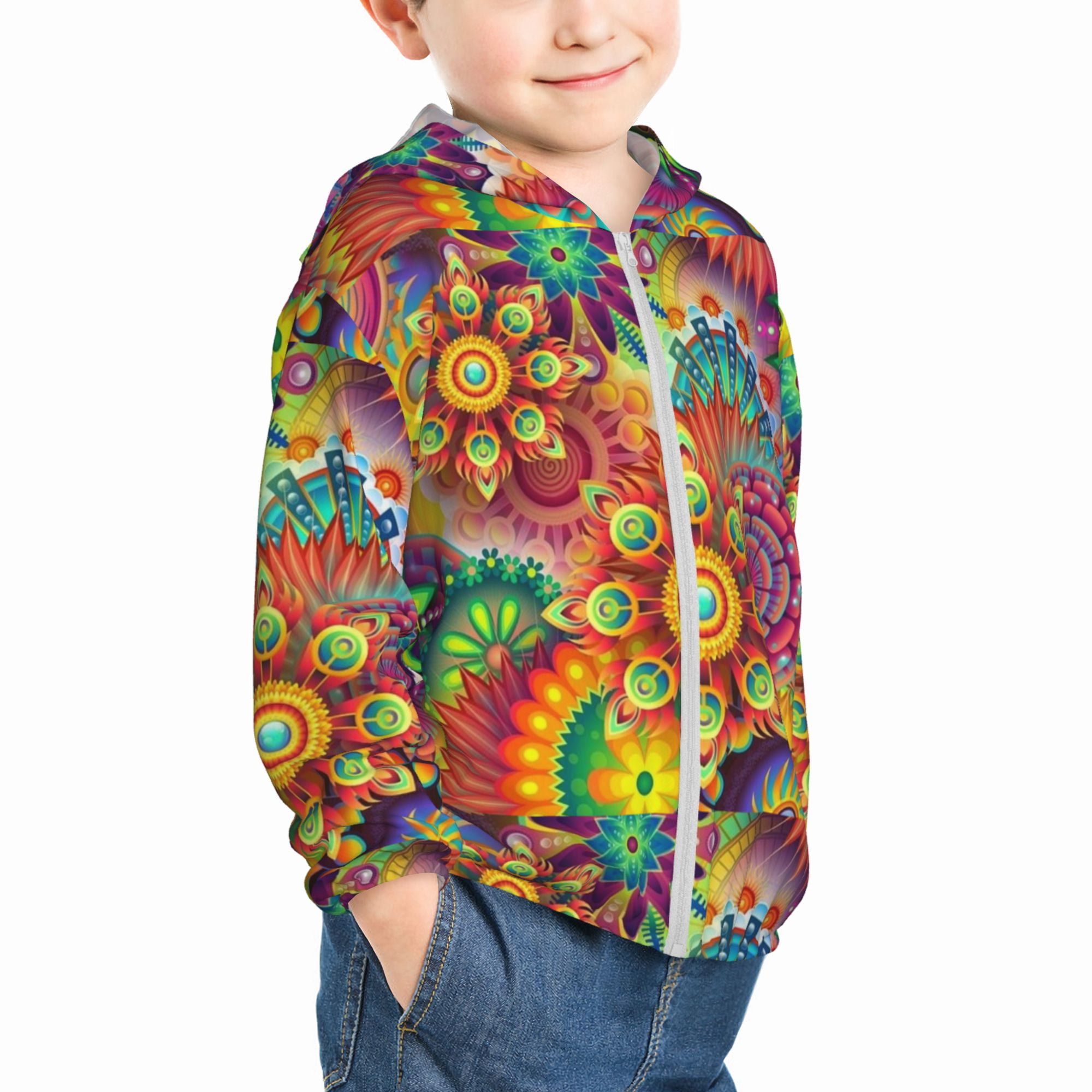 Trippy Flower Abstract Pattern Kids Zip-Up Hoodie Girls Boys Sun Protection Jacket Hooded ...
