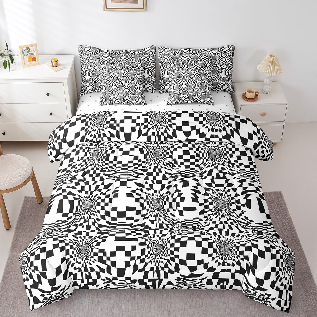 Trippy Grid Bed in a Bag Queen Comforter Set 7 Piece,Black and White ...