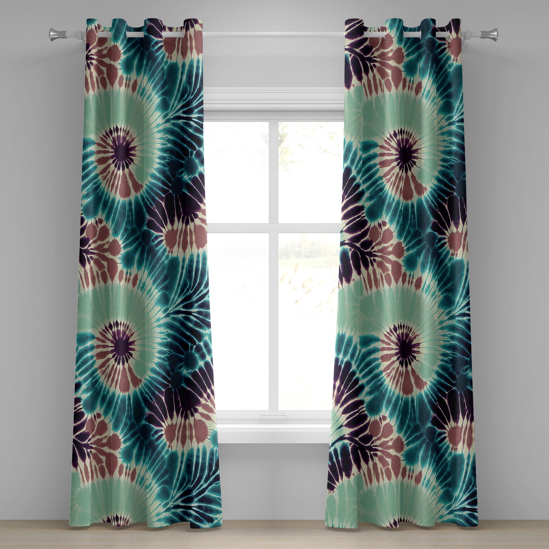 Trippy Grommet Curtain, Nostalgic Swirling Shell Blooms Hippie Tie Dye ...