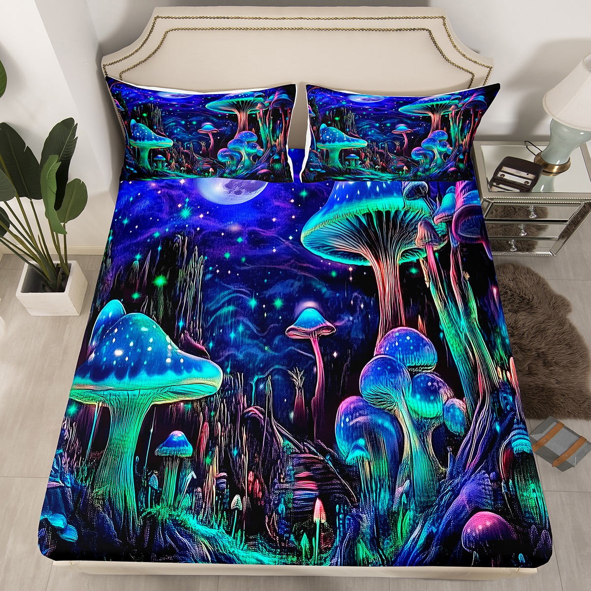 Trippy Mushroom Bedding Set Full Size,Fantasy Mushroom Fitted Sheet Room Decor,Moon and Stars ...