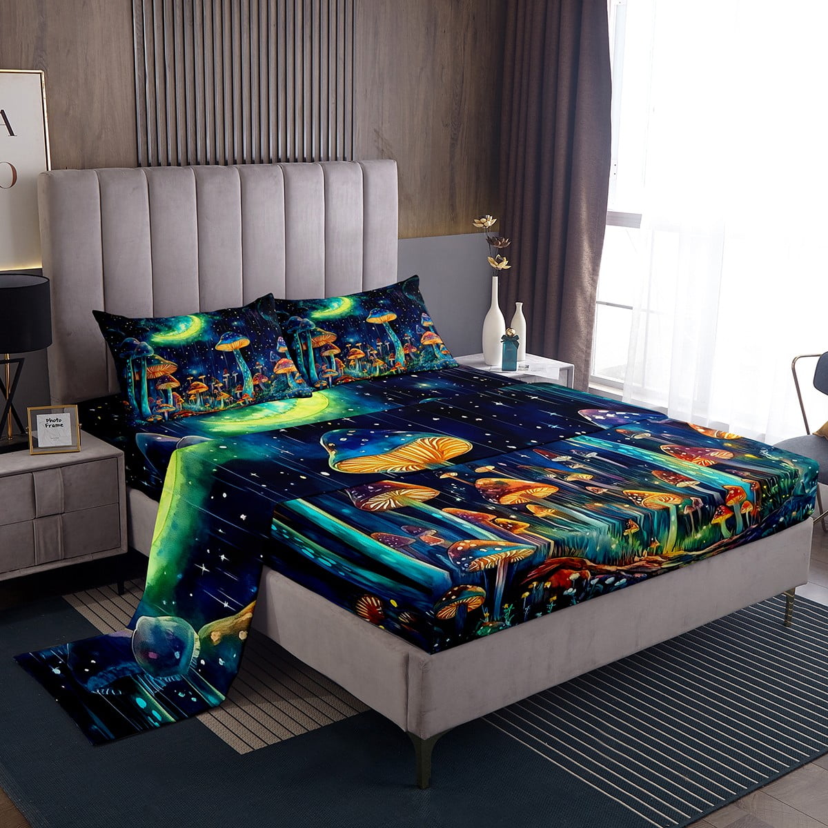 Trippy Mushroom Bedding Set Queen Size,Colorful Mushroom Bed Sheets Set Room Decor,Moon and ...