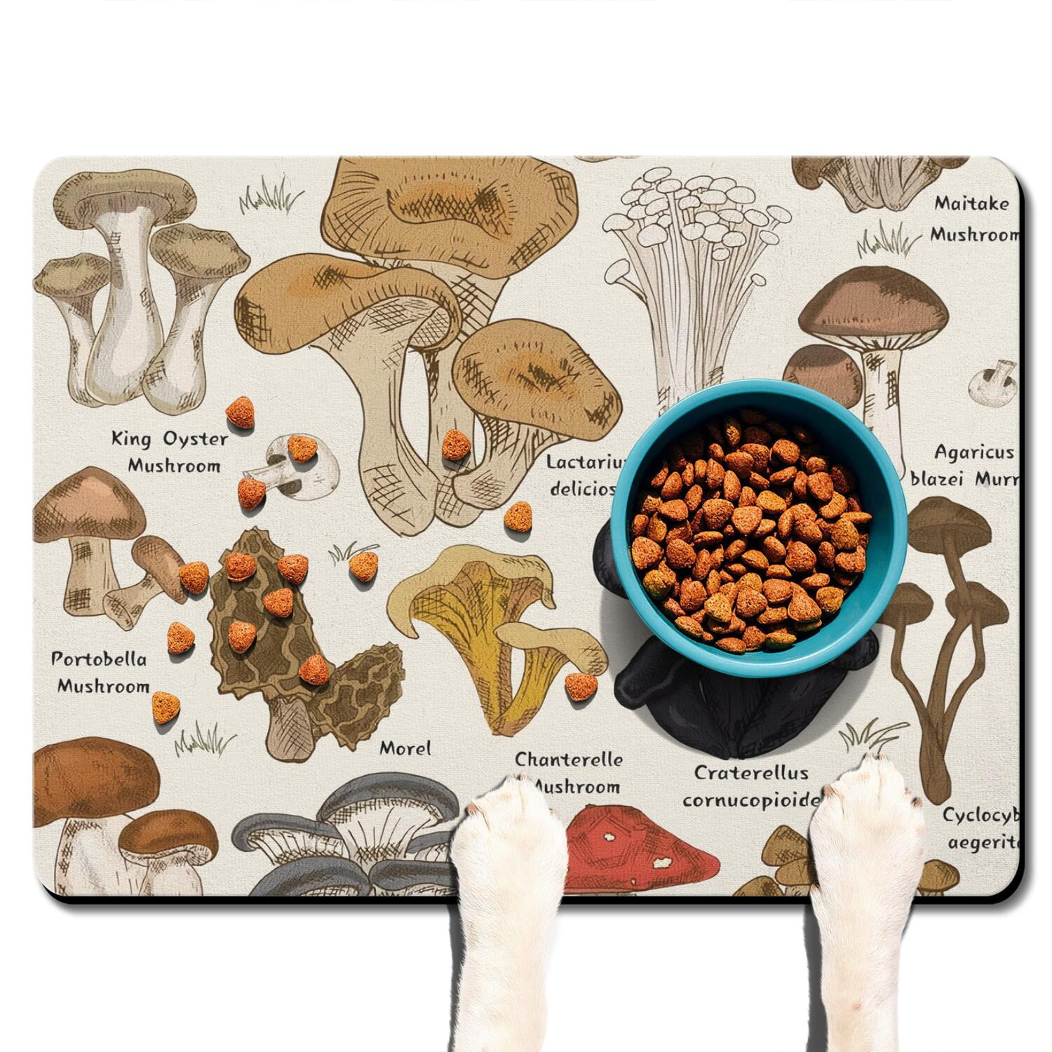 Trippy Mushroom Pet Food Mat - Neon Absorbent Dog Bowl Mat - Non-Slip ...
