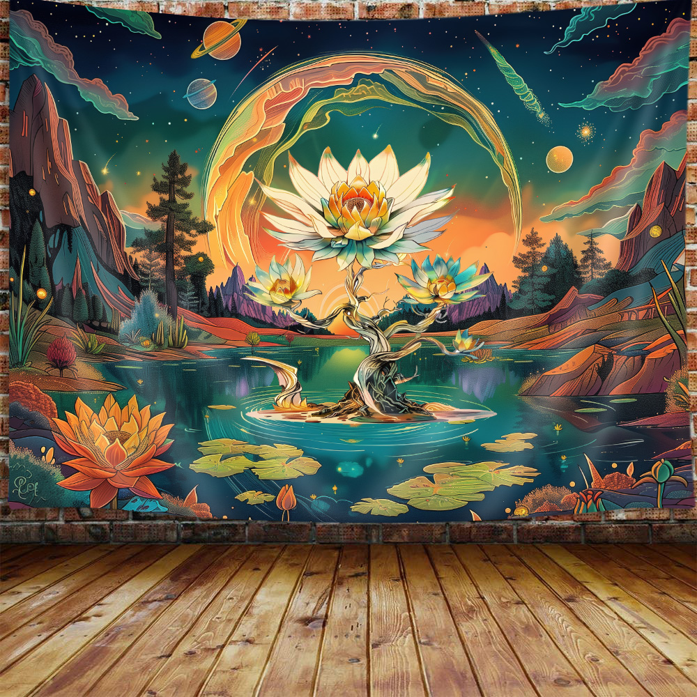 Trippy Nature Flower Forest Tapestry Aesthetic, Boho Sun and Moon Lotus ...