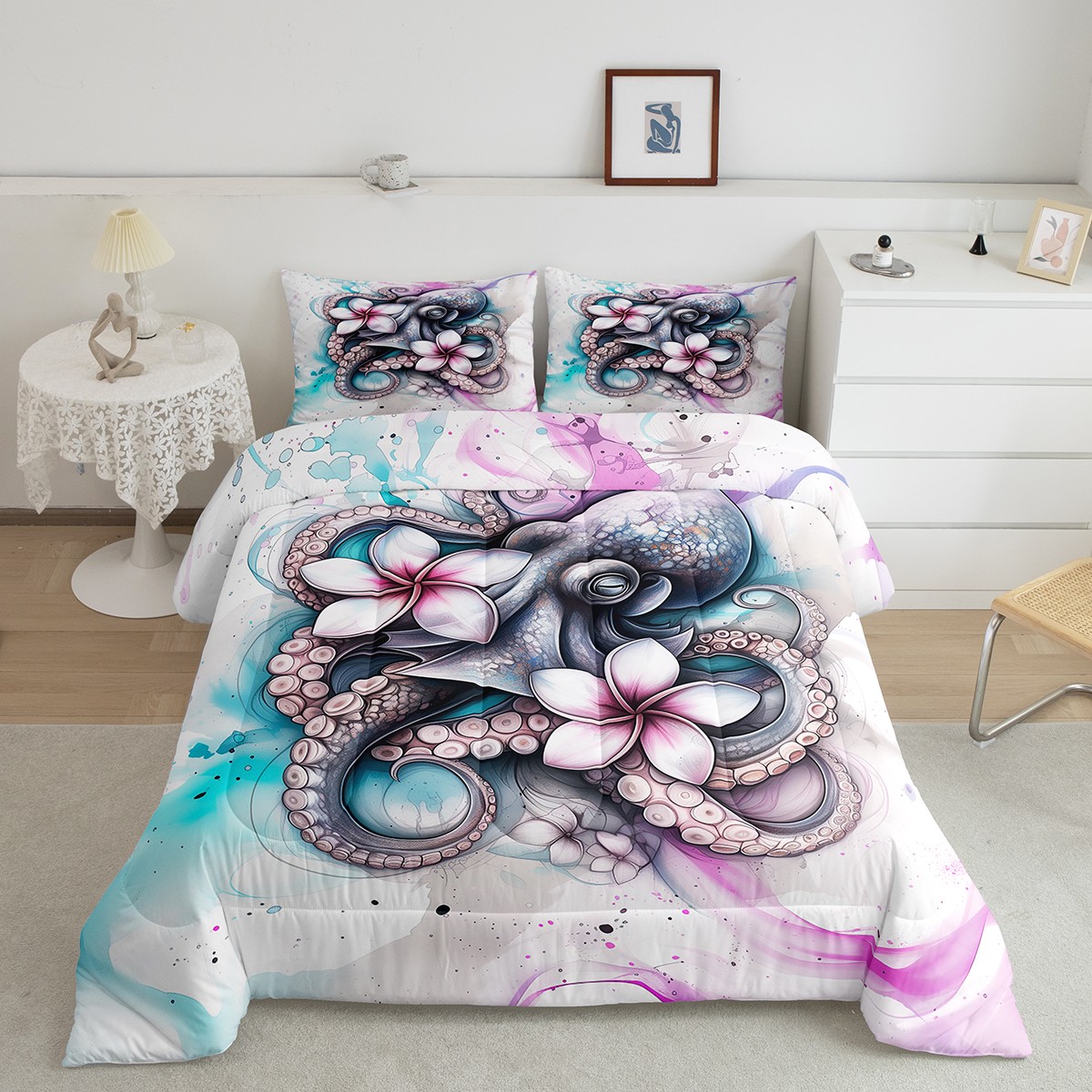 Trippy Octopus Comforter Set Twin Size,Tropical Floral Bedding Set 2Pcs ...