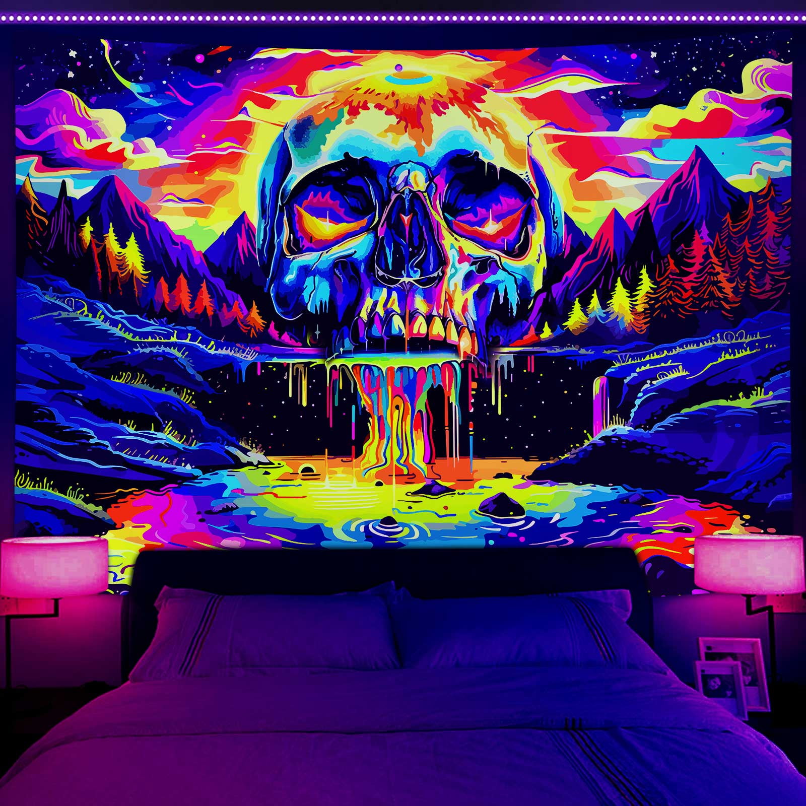 Trippy Skull Blacklight Tapestry UV Reactive, Cool Gothic Skeleton ...