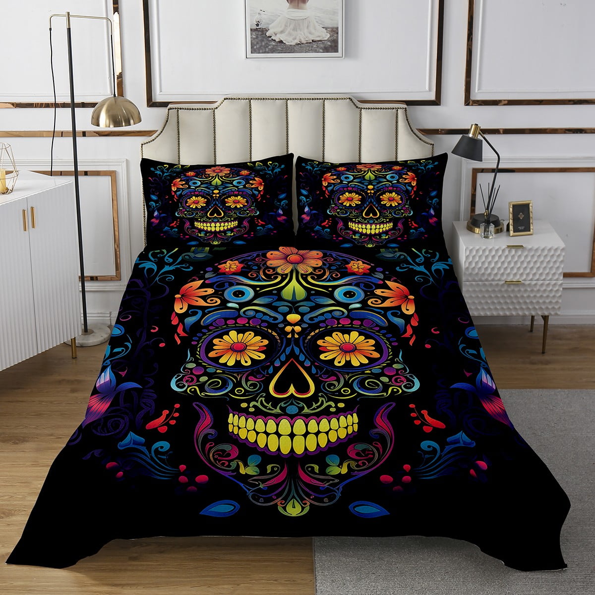Trippy Sugar Skull Queen Bedspread Set for Kids Teens Adult,Gothic ...