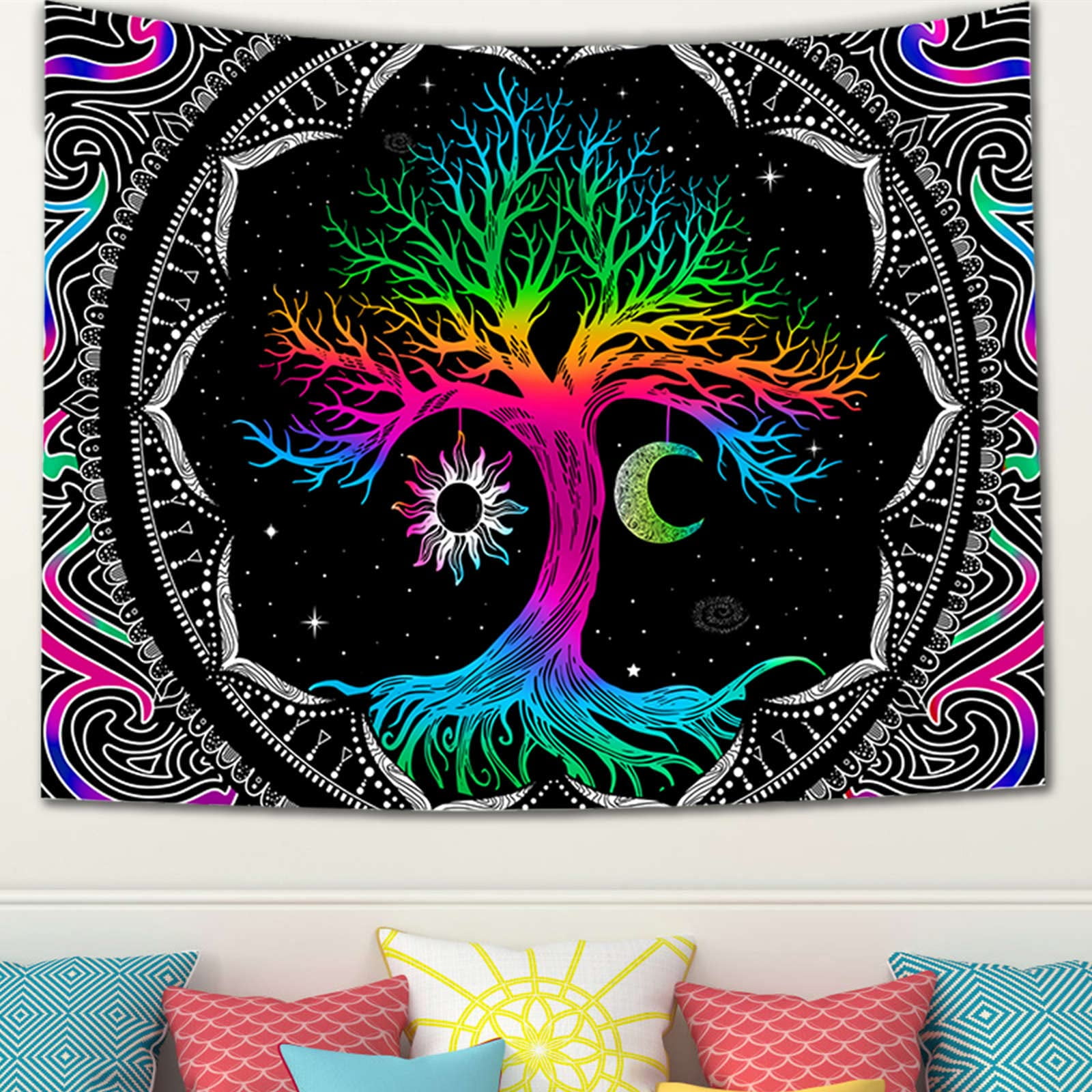 Trippy Tree of Life Sun and Moon Wall Tapestry, 51"x 60", Boho Galaxy ...