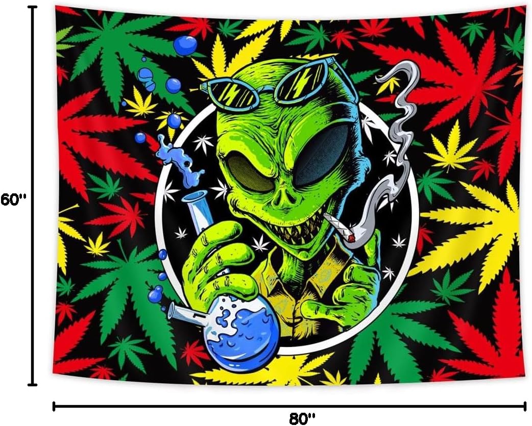 Trippy-Weed-Marijuana-Tapestry,-Cool-Alien-Marijuana-Leaf-Wall-Tapestry ...