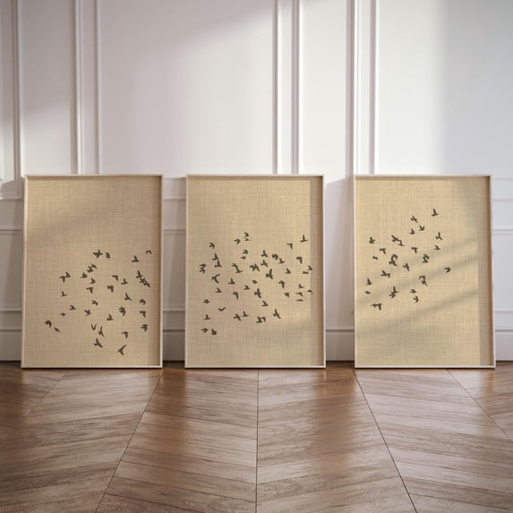 Triptych Minimalistic Japandi Poster Set Flock of Birds Prints Linen ...