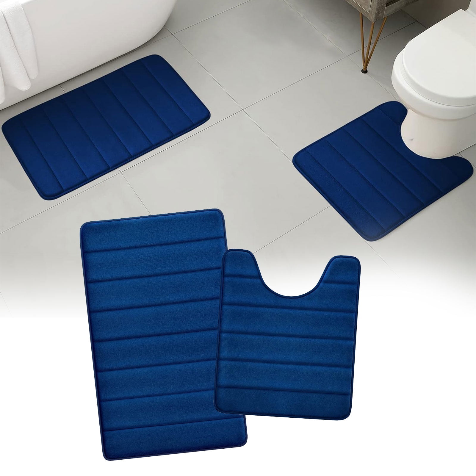Tripumer Memory Foam Bathroom Rug Set with U-Shaped Toilet Mat Navy ...