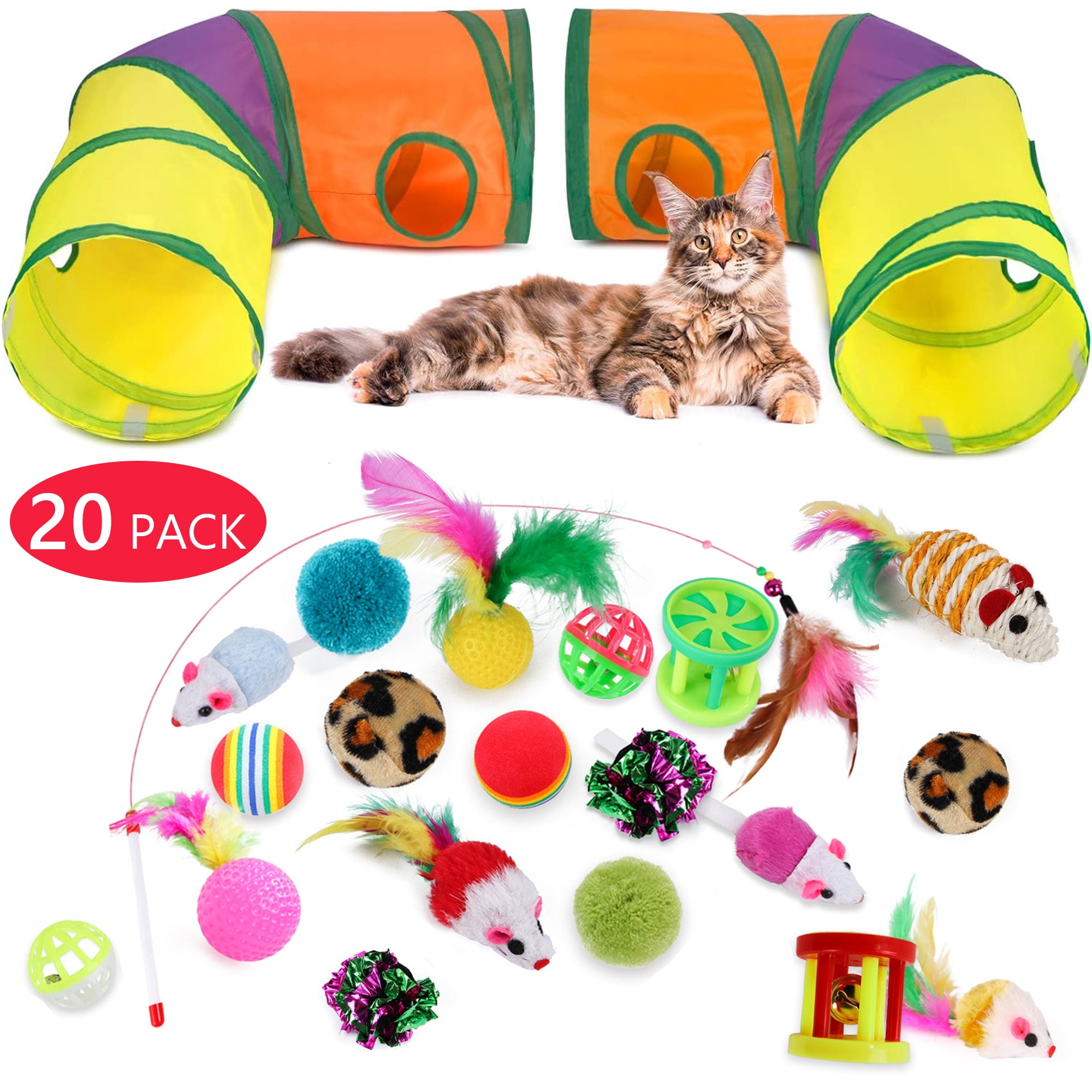 Tripumer 22Pcs Cat Toys Kitten Toy Set 2pcs Collapsible L-Shaped Tunnel ...