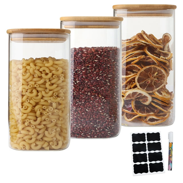 Semfri 3 Pack Square Glass Jars with Airtight Bamboo Lids, 45oz Clear ...