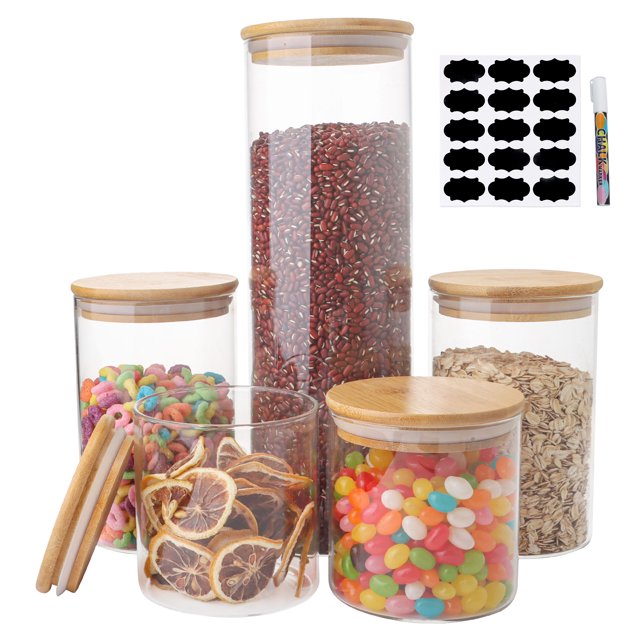 Semfri Round Glass Storage Jars [Set of 5], Clear Glass Jars with ...