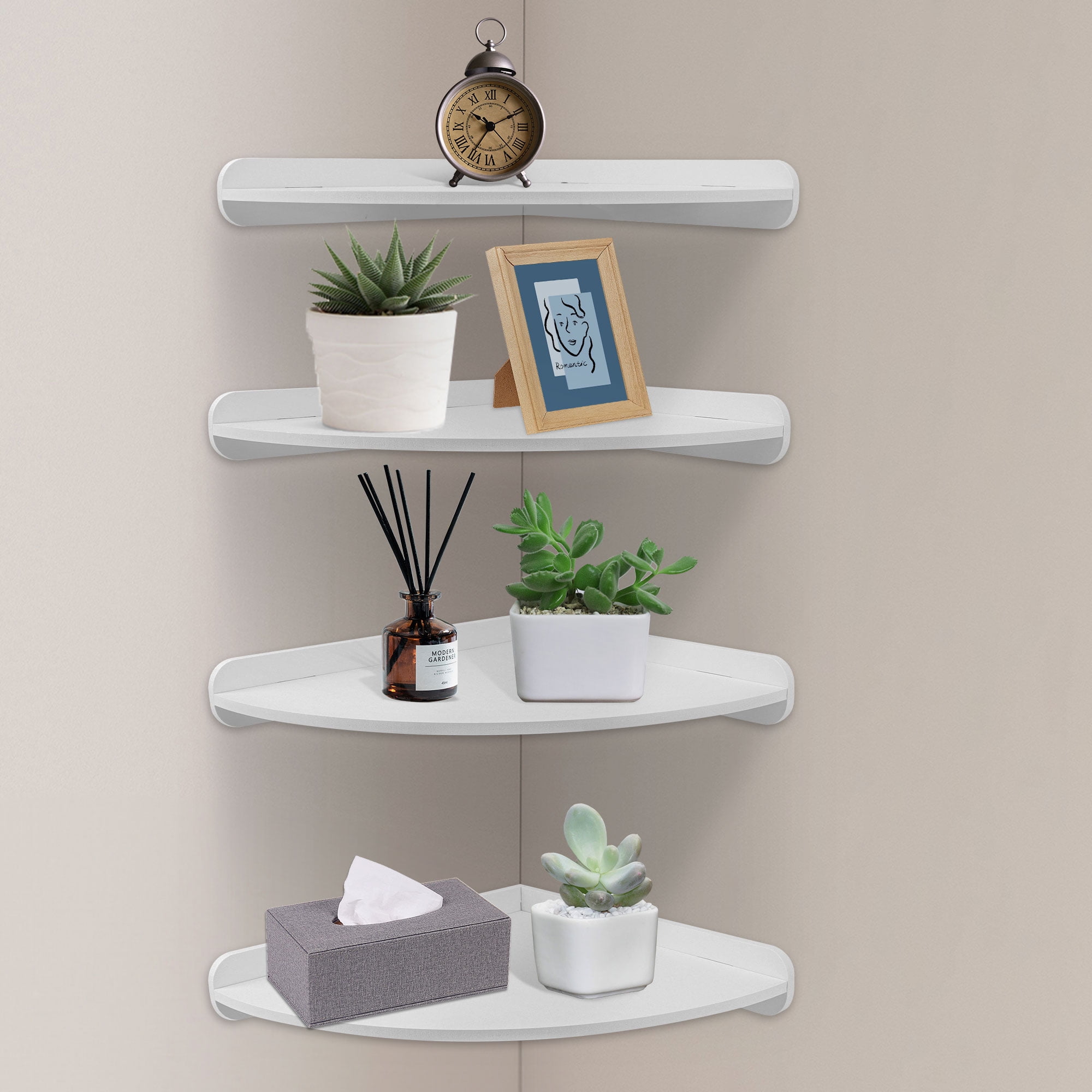 Semfri Wall Mounted White Corner Shelves Set of 4 Floating Round Corner ...
