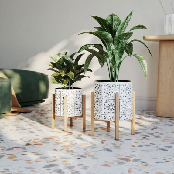 Tristan White Planter Pot With Kinsley Wood Planter Base - (Small & Medium Set) - Walmart.com