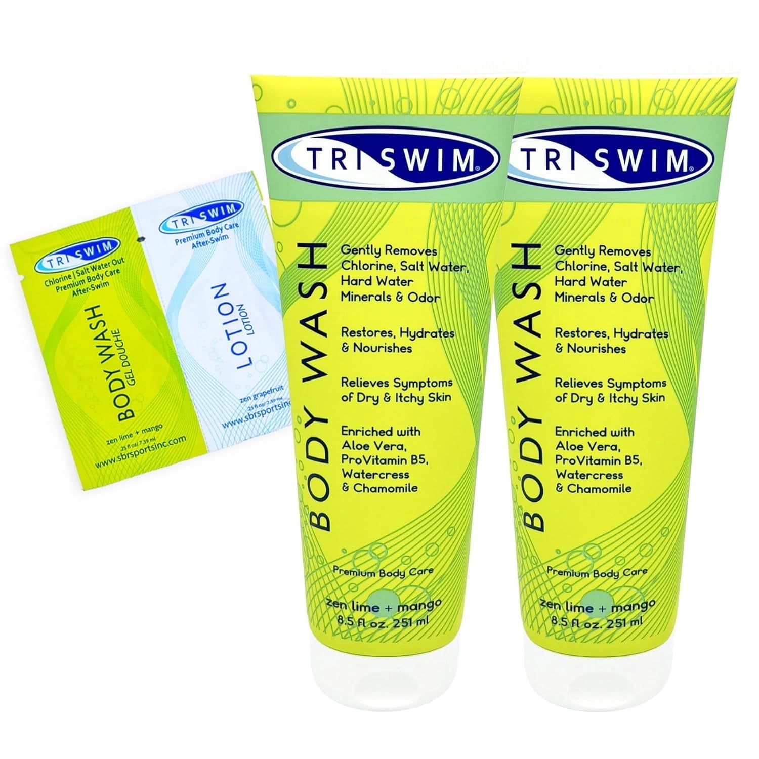 Triswim 8.5 fl oz Body Wash (2 Pack) with Sample Packet, Organic Aloe ...