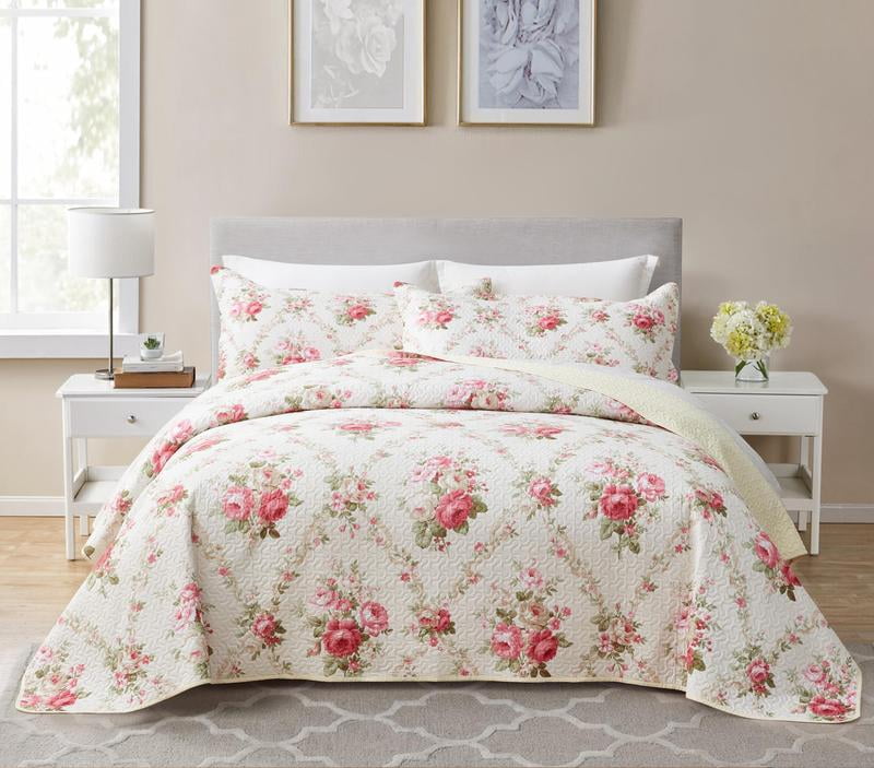Tritard Floral Quilt Set 3 Pieces Beige Pink Rose Print with 2 Pillow ...