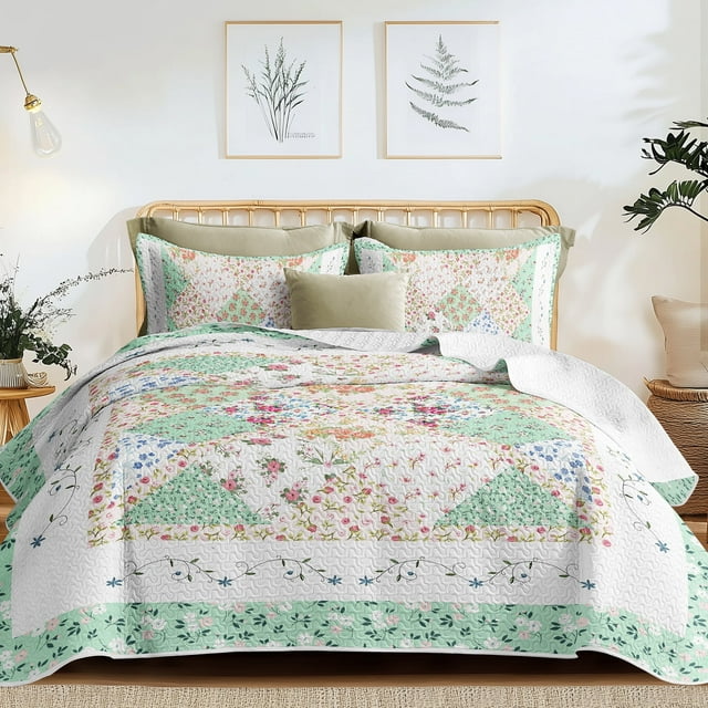 Tritard Sage Green Patchwork Quilt Set Queen,Lightweight Microfiber ...