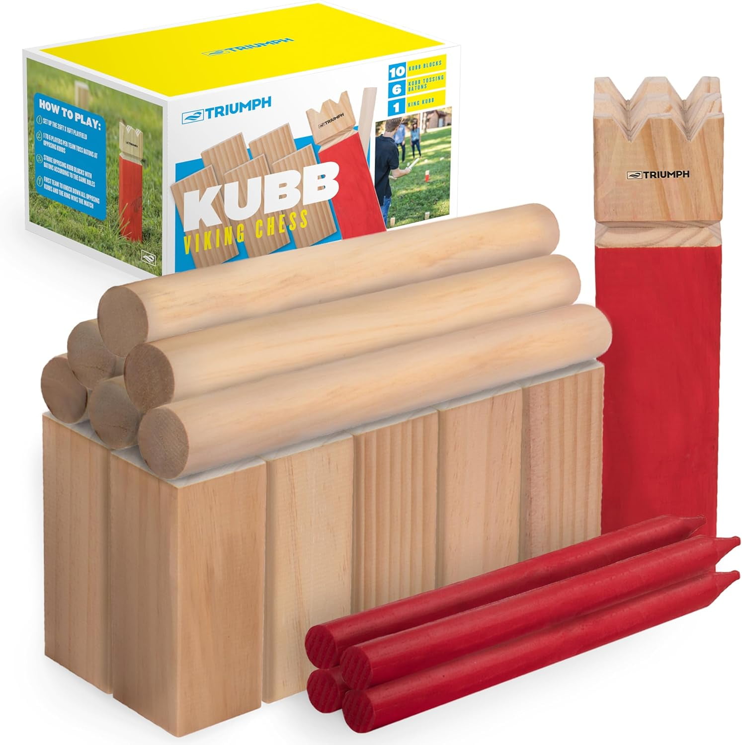 Triumph Premium Kubb Set - Includes 10 Kubb Blocks, 6 Tossing Dowels, 1 King Kubb, 4 Corner Pegs ...