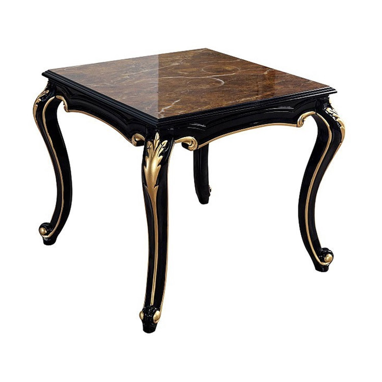 Trix 22 Inch Side End Table Faux Stone Carved Scrollwork Black and Gold ...