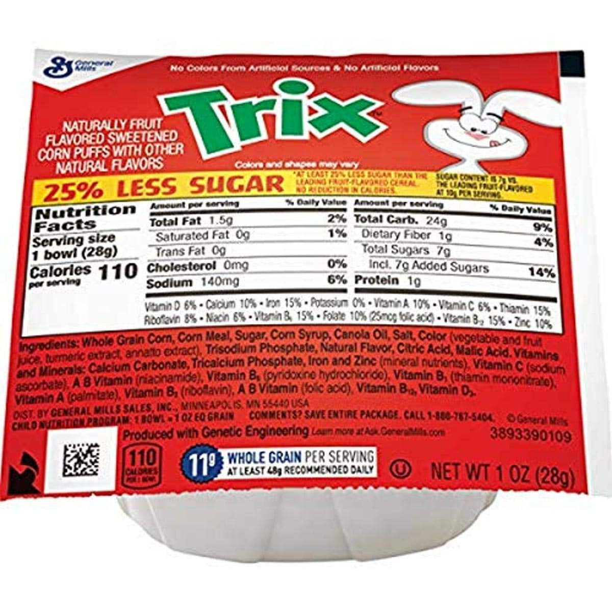 Trix Reduced Sugar Cereal Single Serve Bowl, 1 Oz (Pack of 96 ...