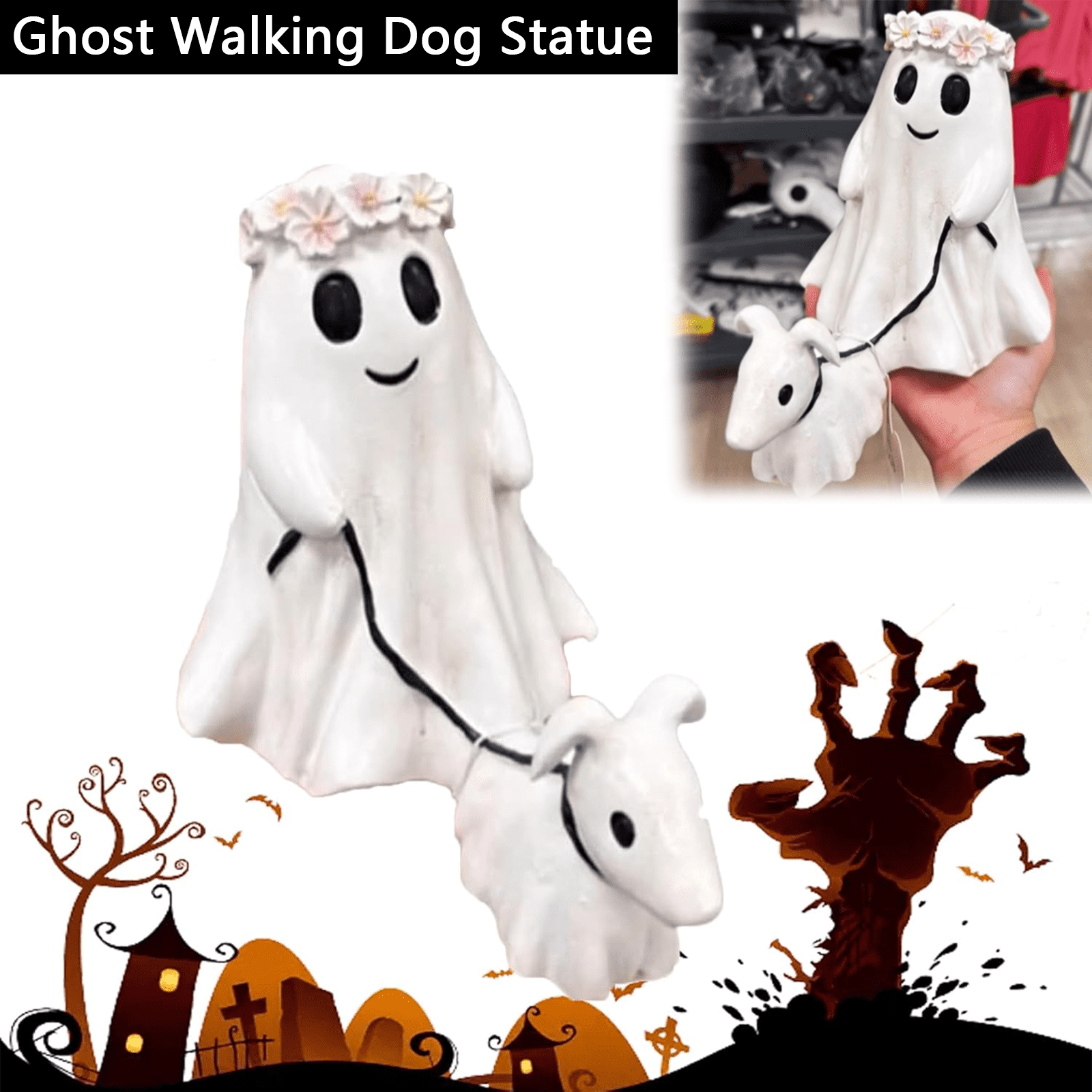 Trndywea Halloween Ghost Walking Dog Statue 2024, Ghost Walking His/Her ...